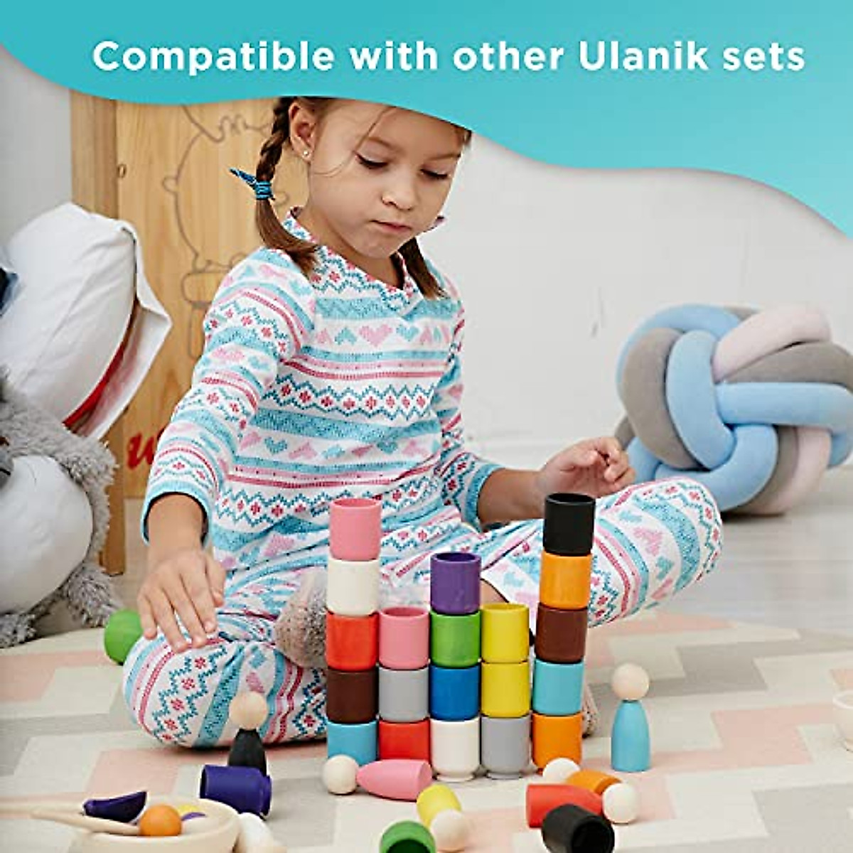 Ulanik Large Peg Dolls in Cups Toddler Montessori Toys for 3 Year Old + Kids Wooden Waldorf Dolls for Learning Color Sorting and Counting — 12 Gnomes, 3.35 in
