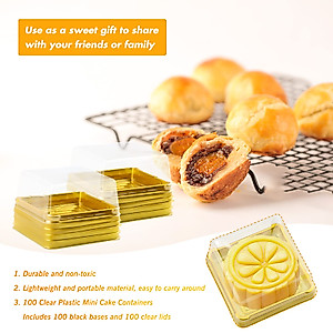GothaBach 100 Set 3" Plastic Square Containers with Lids Cupcake Boxes Muffin Pod Dome Muffin Single Container Box for Wedding Birthday Gifts Supplies (Golden)