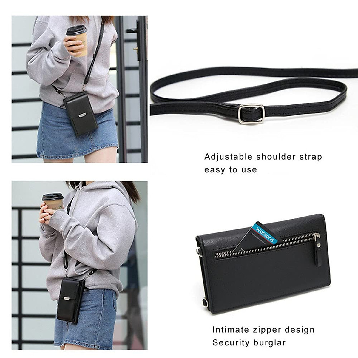 Small Crossbody Bag Long Cell Phone Purse Bag Wallet with Credit Card Slots Women Student Diagonal Wallet Multi-function Shoulder Bag (Black)