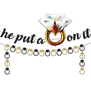 KatchOn, Glitter He Put A Ring On It Banner with Cute Diamond Ring Balloon - Pack of 2 | Engagement Ring Balloons, Black and Gold Engagement Party Decor | Diamond Balloons for Wedding, Bridal Shower