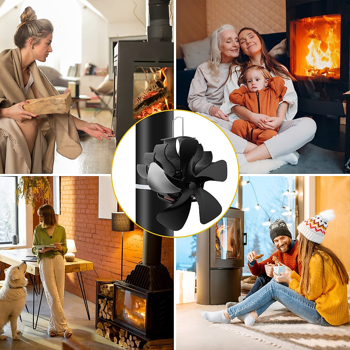 DOOBEL 5 Blades Chimneys Stove Fan, Pipe Fireplace Fan, Heat Powered Wood Stove Fan, Silent Operation Motors Winter Cocoon Stove Fan for Wood Burning Stove/Pellet/Log with Magnetic Thermometer