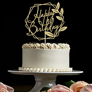 Sodasos Gold Glitter Happy Birthday Cake Topper，with leaves Glitter Birthday Party Decoration Supplie Cake Sign Party，For Man Woman Birthday Party Decoration (golden)