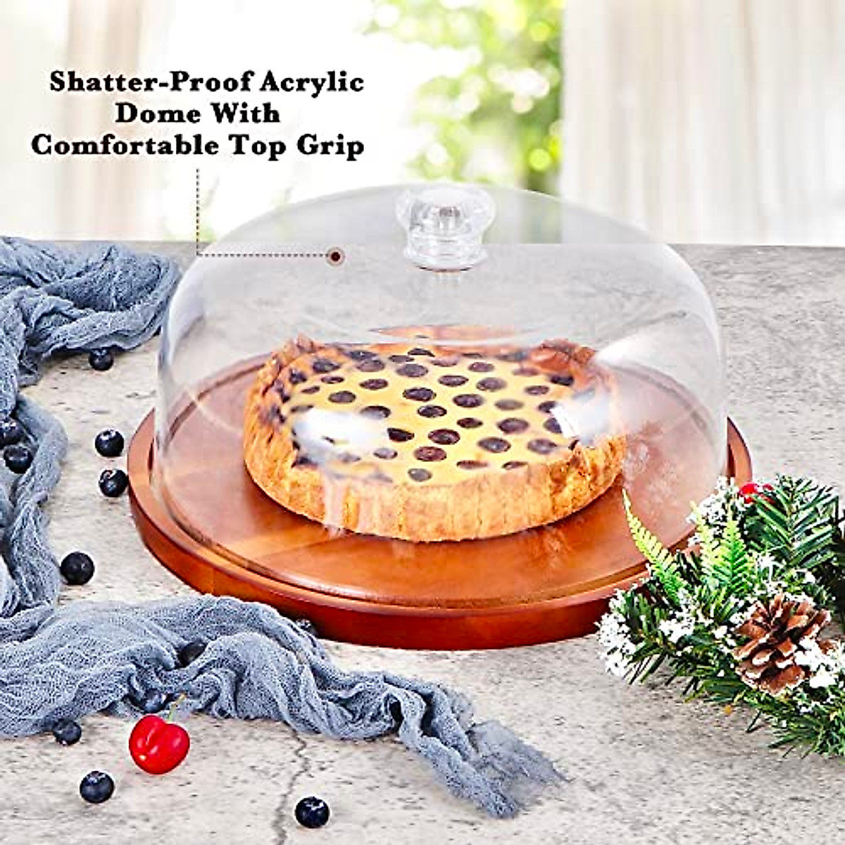 Wood Cake Stand with Dome,Acacia Cake Plate Holder with Acrylic Lid,Cake Display Server Tray for Kitchen,Birthday Parties,Weddings,Baking Gifts or Housewarming Gifts