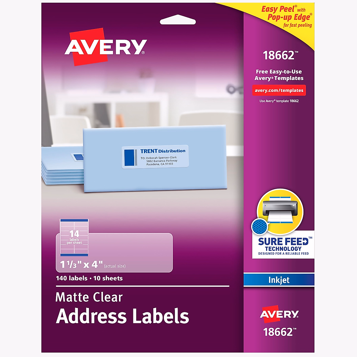 Avery Printable Address Labels with Sure Feed, 1-1/3" x 4", Matte Clear, Permanent Adhesive, Inkjet Printers, 140 Blank Mailing Labels, Great for Mailing, Product Labels, Jar Labels, and More (18662)