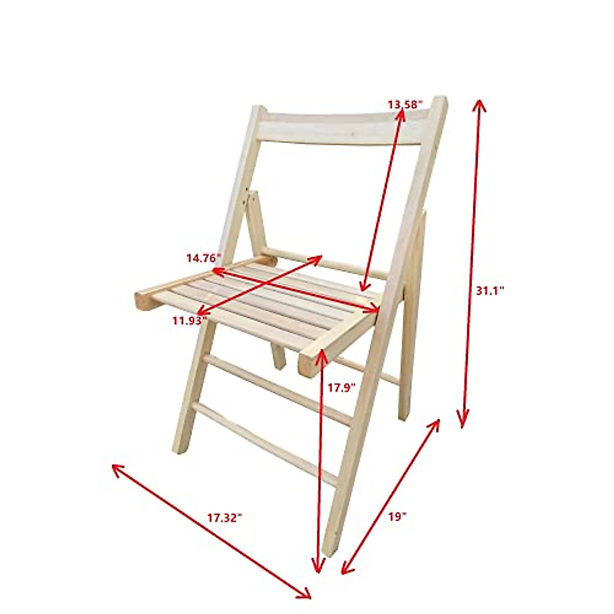 CIATRE Set of 2 Comfy Solid Wood Folding Chairs with Slatted Seat and Open Back - Fully Assembled for Indoor/Outdoor Events (Natural)