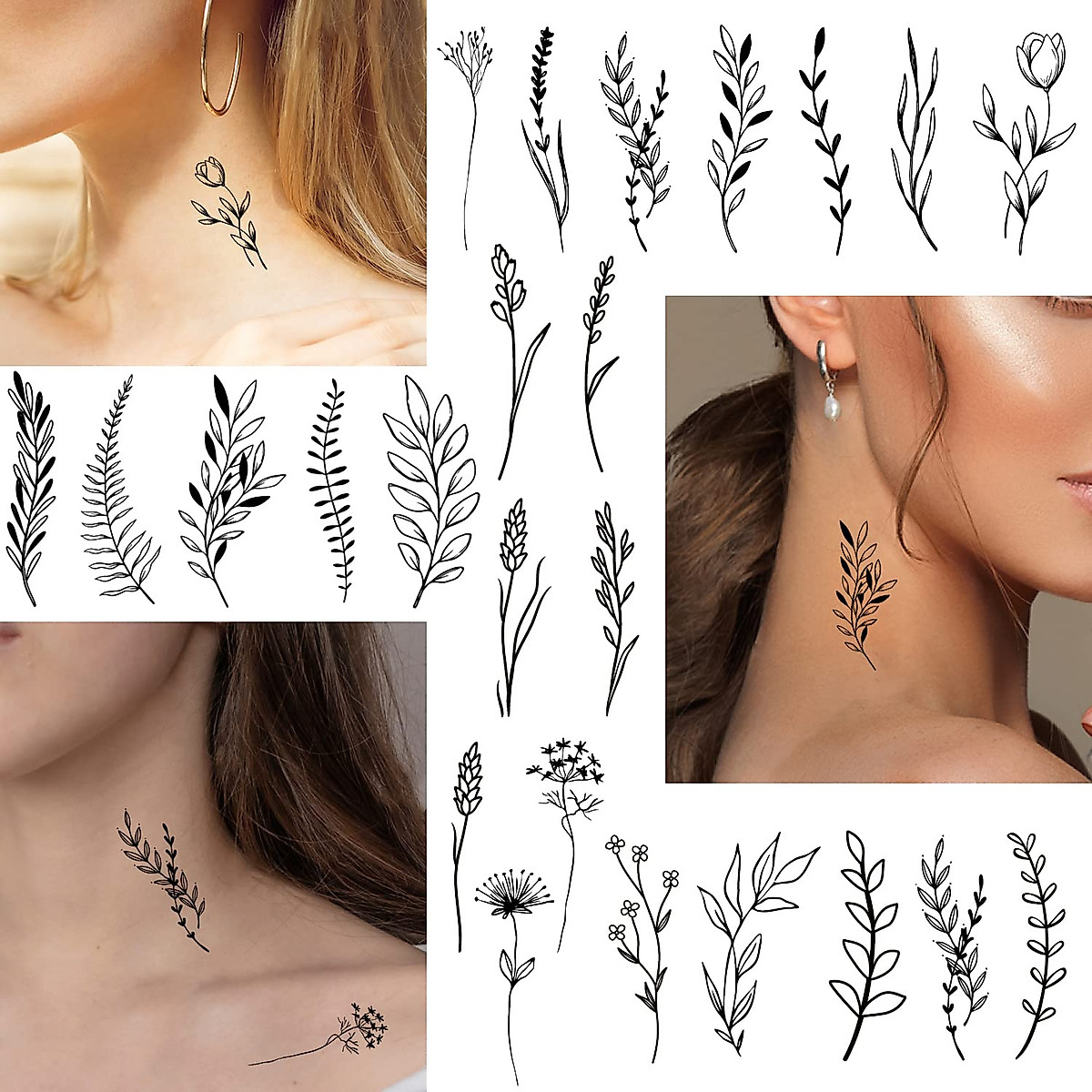 Cerlaza 75 Styles Tiny Black Flower Branch Temporary Tattoos For Women, 16 Sheets Realistic Wild Flower Floral Small Fake Tattoo, Wild Plant Tattoo Stickers for Adults Women Hands Legs Body Sticker