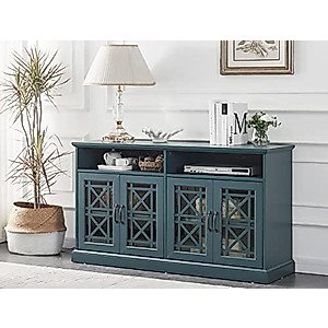 WTRAVEL Buffet Sideboard Kitchen Buffet Storage Cabinet, 4 Doors Storage Cabinet with Adjustable Shelves, Wood Console Table for Kitchen, Dining, Living Room, Dark Teal