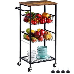Kitchen Storage Cart on Wheels 4 Tier Rolling Storage Cart with Mesh Wire Basket and Handle Utility Storage Trolley Serving Cart with Wooden Tabletop for Small Space Dining Room Bathroom Rutic Brown