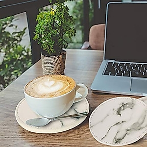 Leather Coasters for Drinks with Holder Set of 6, Coasters for Drinks,Marble and Waterproof Coasters Table Protective Non-Slip Pads, Round Cup Mat for Home and Kitchen