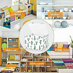 CaTaKu Cute Cactus White Storage Bins with Lids and Handles, Fabric Large Storage Container Cube Basket with Lid Decorative Storage Boxes for Organizing Clothes