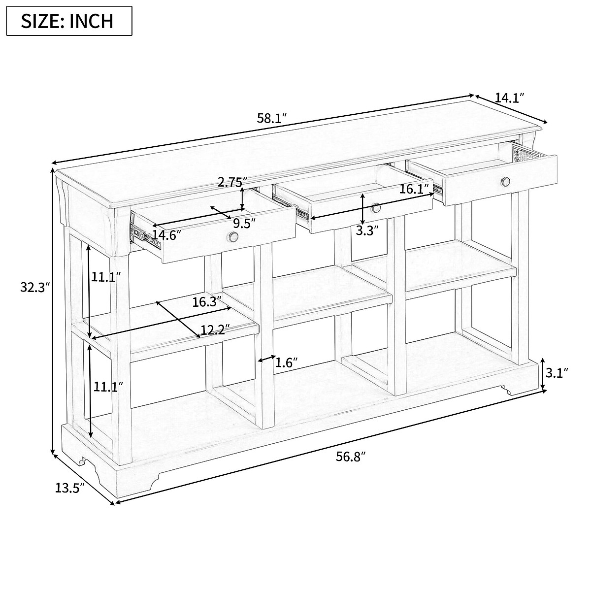 Merax Console Table/Sideboard with Ample Storage, Open Shelves and Drawers for Living Room, Antique White