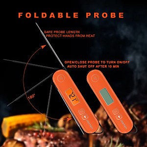 Digital Instant Read Meat Thermometer, Waterproof Foldable Probe, for BBQ, Kitchen, Food Cooking, Candy Making, Deep Fry, Grill, Cheese Making and Roast Turkey, Orange
