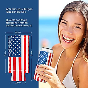 QualityPerfection Slim Can Cooler Sleeves, Beer/Energy Drink Pattern Skinny 12 oz Neoprene Coolie, Thermocoolers for 12 oz Tall Skinny Beverage - 6 Pack (American Flag Navy Blue)