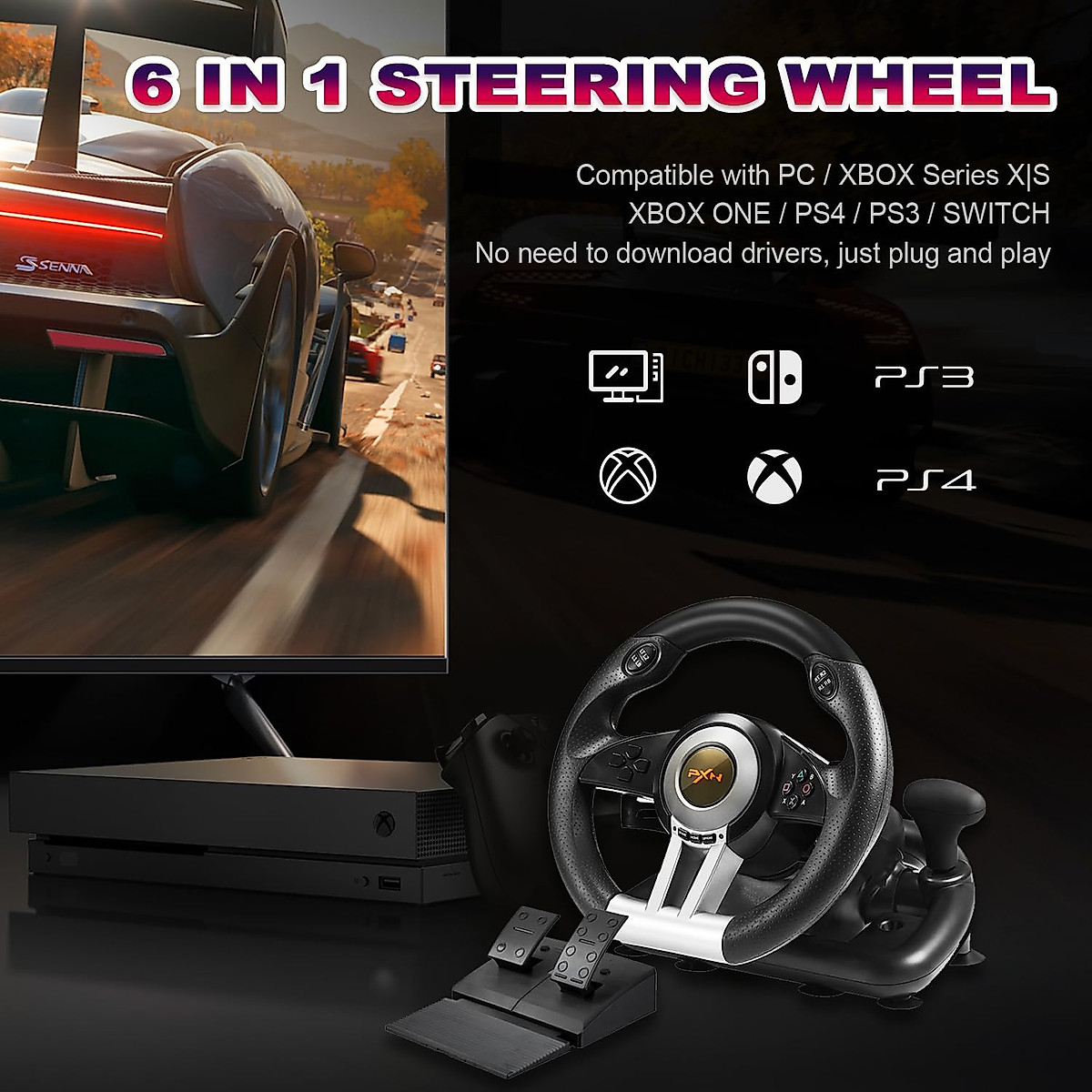 PC Steering Wheel PXN-V3IIIB Gaming Racing Wheel with Line Pedals Vibration Feedback Racing Wheel for Xbox one, Xbox series s/x, PS4, PS3, Switch, PC Used - Good