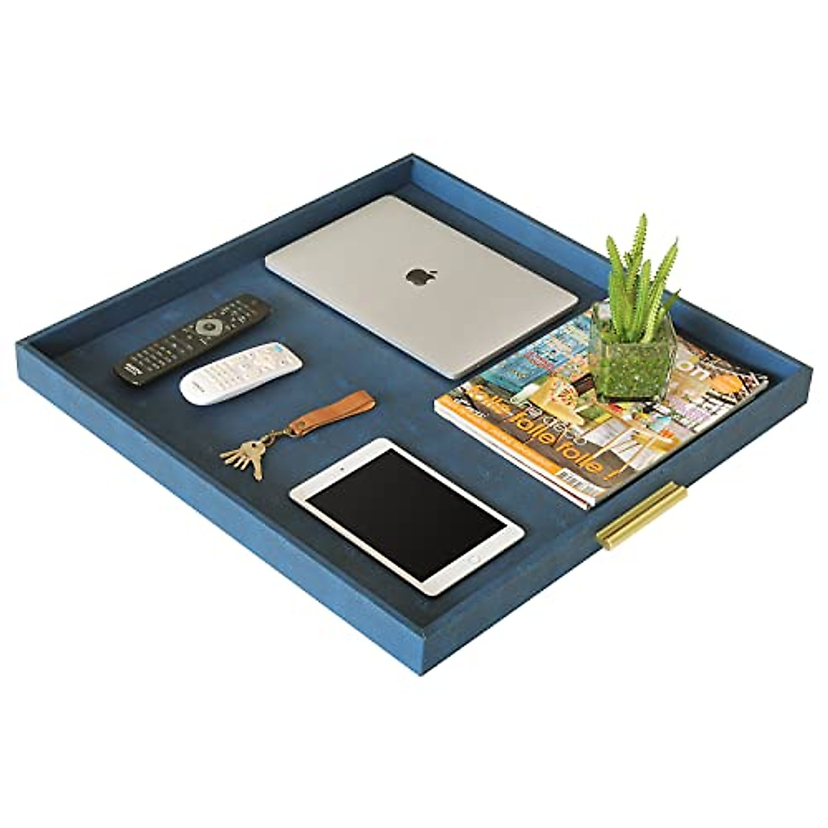 HofferRuffer Extra Large Square Serving Tray, Elegant Faux Leather Ottoman Tray with Gold Hardware Handles, Serve Tea, Coffee or Breakfast in Bed, 24 x 24 inches (Navy Blue Shagreen)