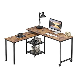 SogesHome 55'' Rotatable Laptop Table with 2-Lockable Wheels, 360° Rota-Table L-Shaped Computer Desk Workstation, Home Office Computer Desk with 2-Tier Storage Shelves for Home Office, Vintage Oak