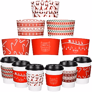 60 Pieces Christmas Coffee Cup Sleeves Red Double Layer Paper Sleeves Fits 12 and 16 oz Disposable Santa Cup Jacket for Christmas Hot Chocolate, Coffee, Cocoa, Tea or Cold Beverage, 6 Designs