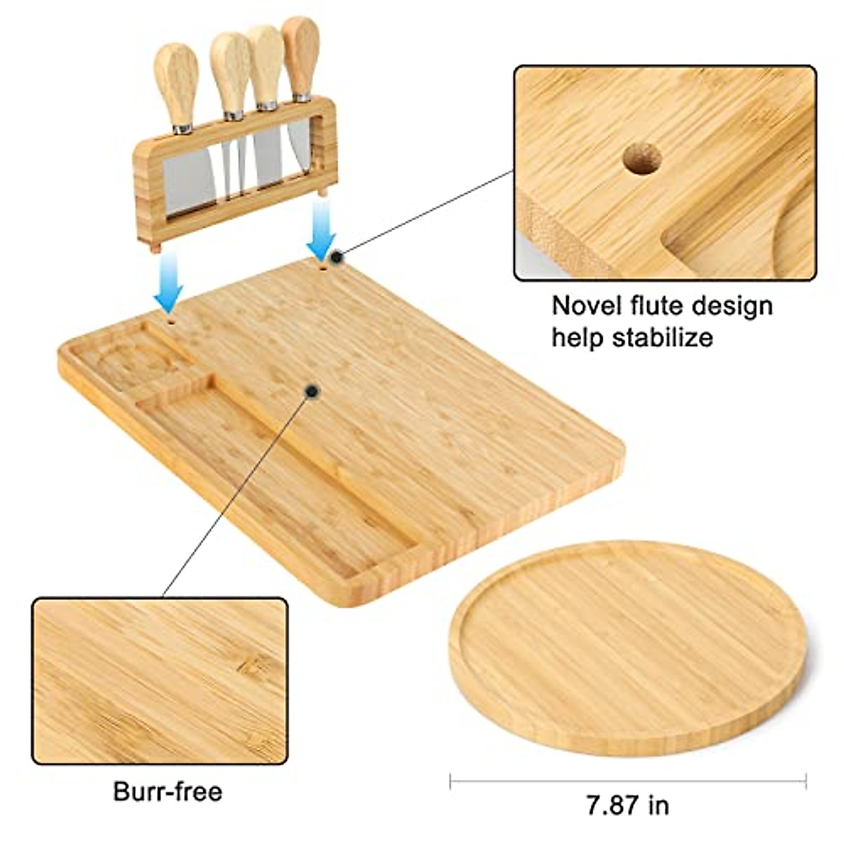 Bamboo Cheese Board and Knife Set - Charcuterie boards Bamboo Wood Cutting Platter and Cheese Serving Tray for Wine, Crackers,Brie, Fruits, Bread and Meat