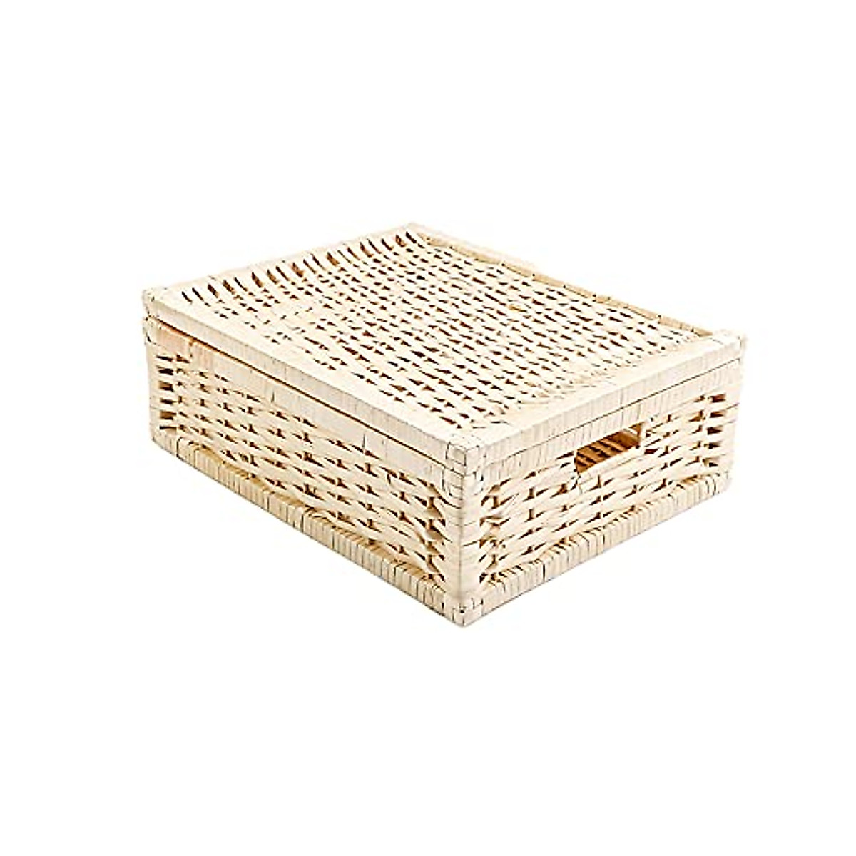 KINGWILLOW Wicker Basket with Lid, Rectangular Wooden Framed Woven Storage Bin with Inside Handles
