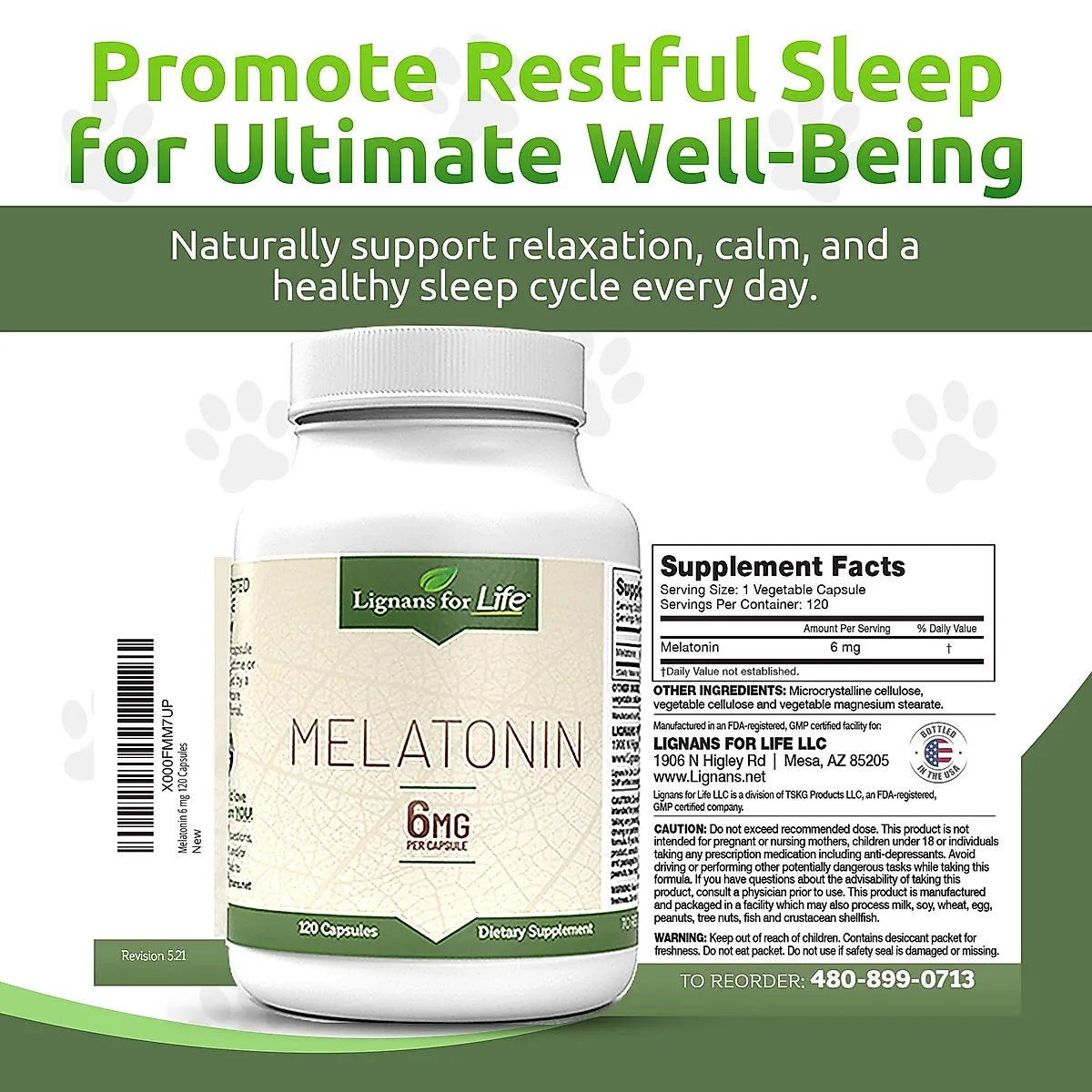 Lignans for Life Melatonin for Dogs & People, 6mg - 120 Capsules - Capsules - Pet Treats - Vitamins for Overall Health