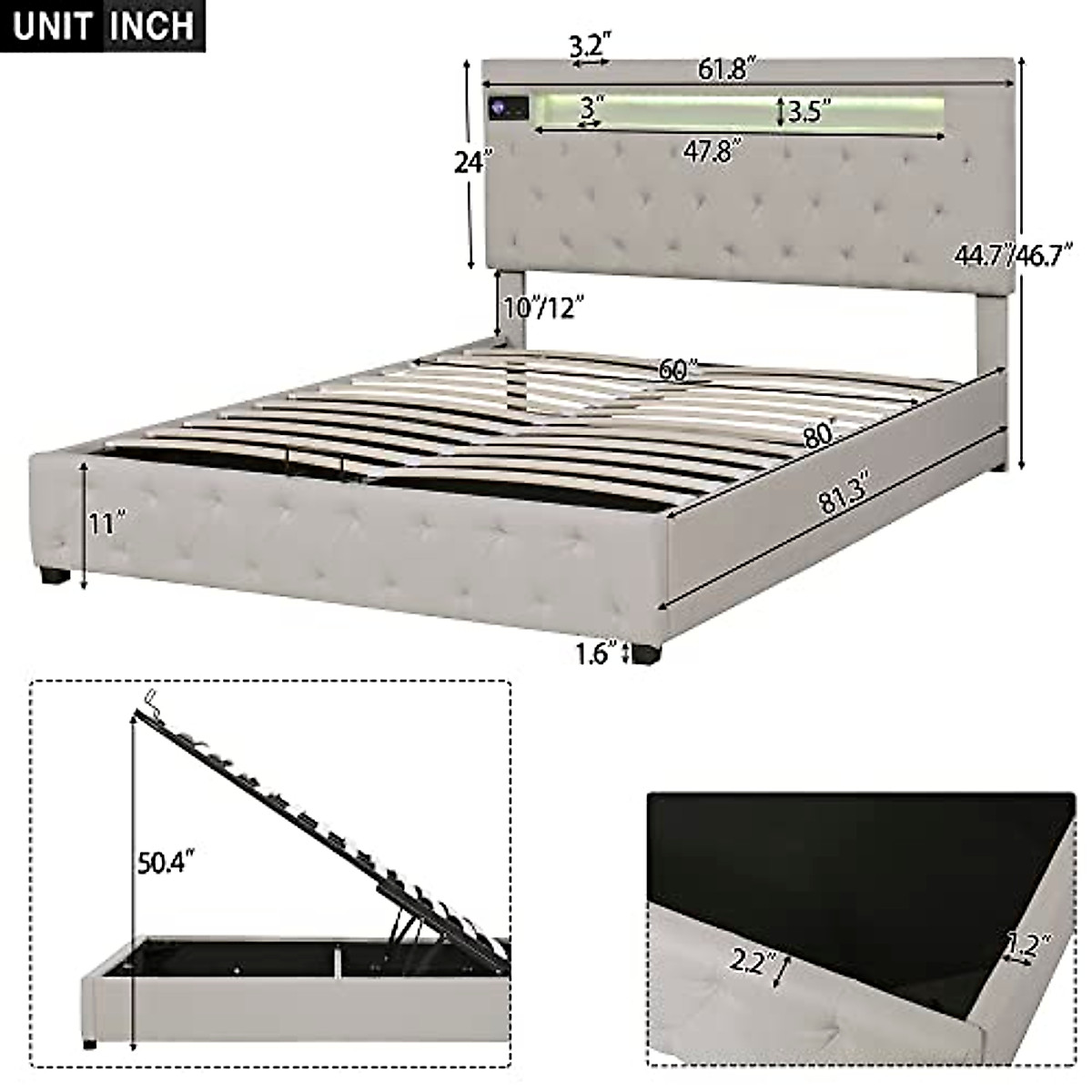Queen Size Upholstered Platform Bed with Gas Lift up Storage,Adjustable Headboard Featured w/Bluetooth Audio, LED Light and USB Charging,Hydraulic Storage Platform Bed for Kids Teens Adults