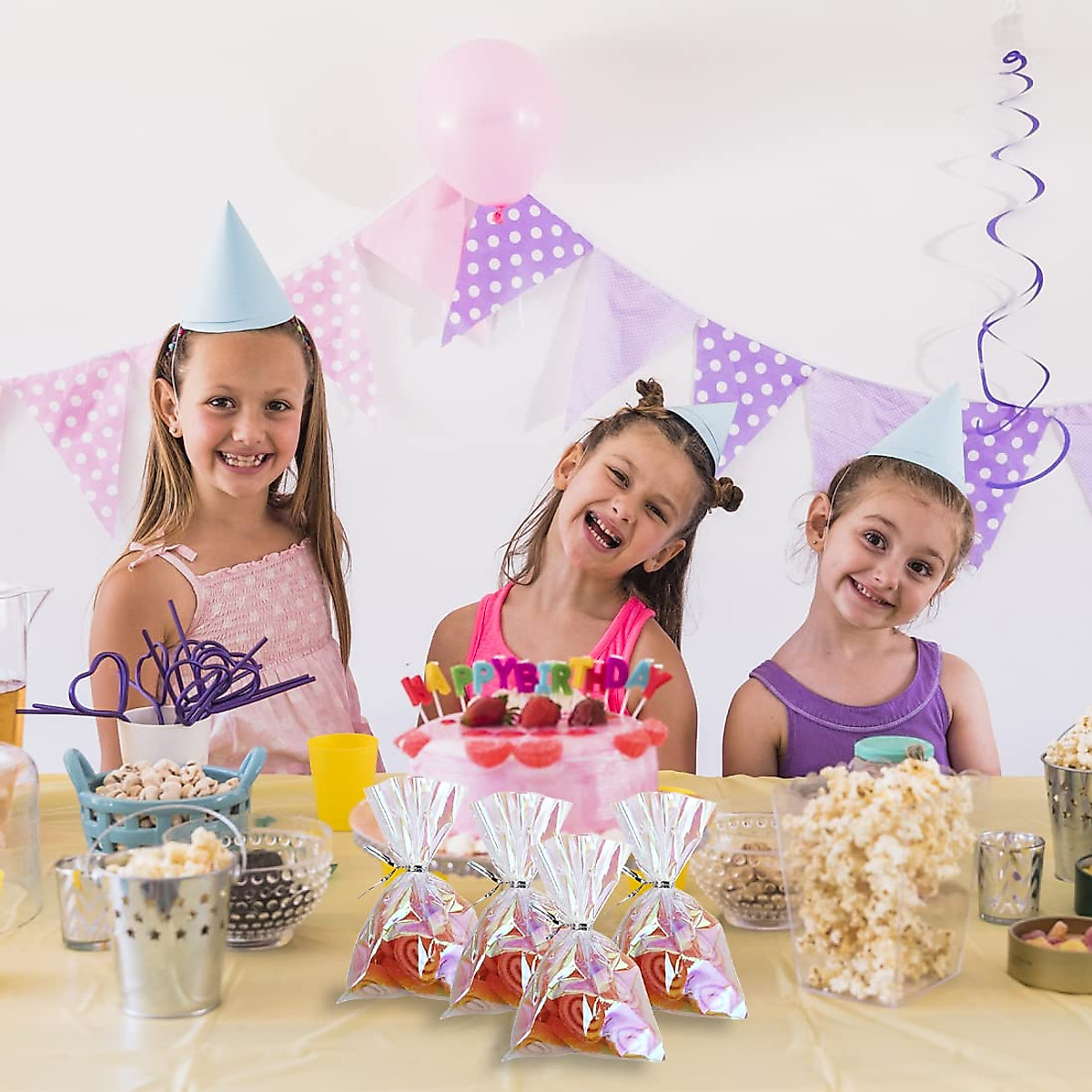 QTOP Cellophane Treat Bags,Iridescent Holographic Goodie Bags, Clear Cello Bags with Twist Ties for Birthday Party Favors, Valentines, Easter, Weddings，Halloween，Christmas (4x6 inches(pack of 100))