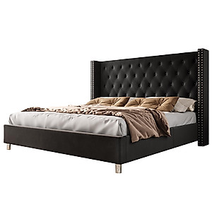 PaPaJet Bed Frame Queen Size Upholstered Bed Velvet Low Profile Platform Bed with Raised Wingback Headboard/No Box Spring Needed/Easy Assembly/Black