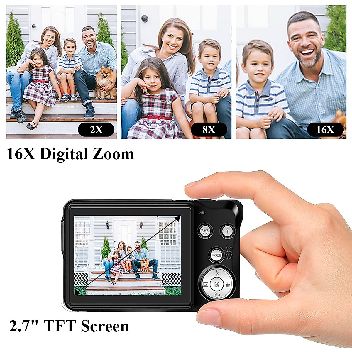 2.7K Digital Camera,HD Compact Camera 16X Digital Zoom with 32GB SD Card and 2 Batteries (Black)