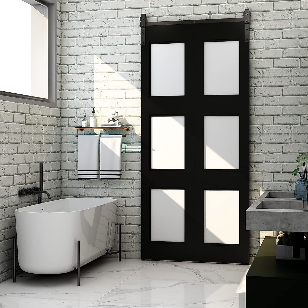 BONIKLUBA 40" Bi-Folding Sliding Barn Door Hardware Track Kit,Smoothly&Quietly,Side Mounted Black Roller,Easy Install,Door Not Included [Fit Double 18" Bifold Doors]