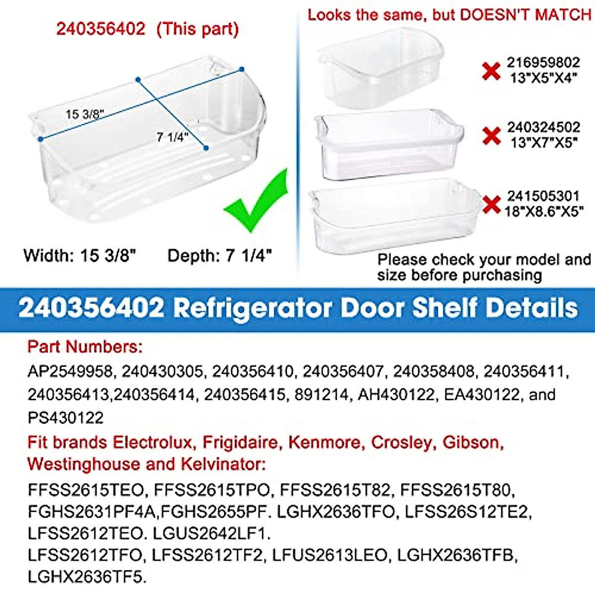 240356402 Refrigerator Door Shelf Replacement for Frigidaire Refrigerator Parts AP2549958, PS430122, 240430312, 240356416, 240356407, Refrigerator Door Bin Shelves (15.4 in L)-2 Pack