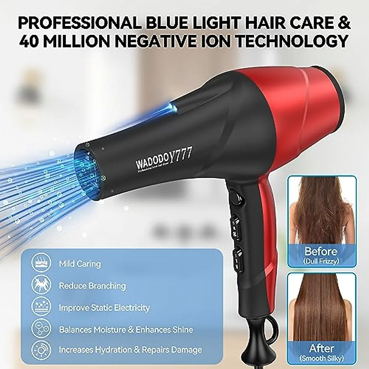 WADODO Hair Dryer, 2200W Professional Ionic Blow Dryer with Blue Ray Hair Care, Powerful Salon Fast Drying Constant Temperature Low Noise AC Motor Curly Hairdryer Blowdryer for Women Men(Black & Red)