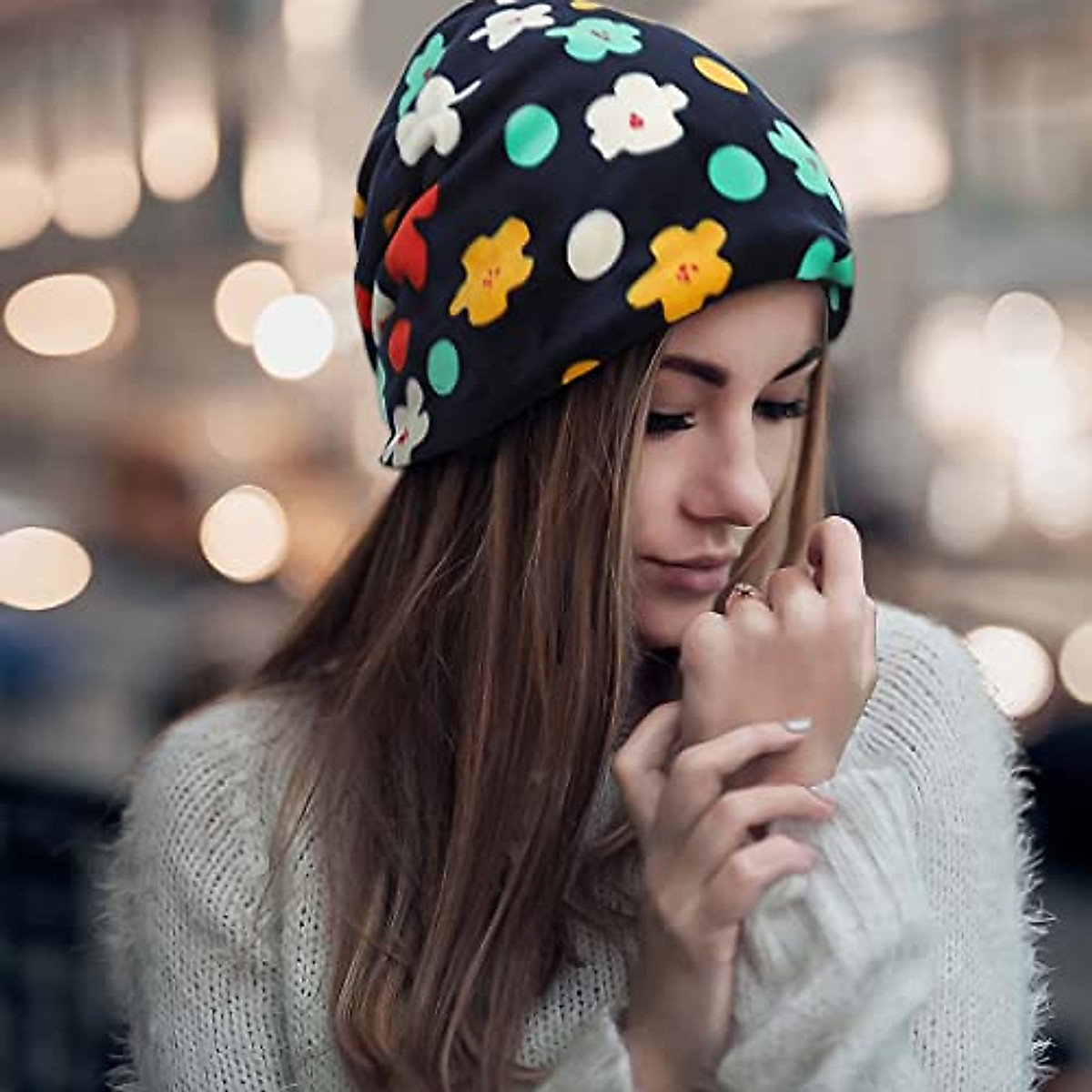 Woeoe Stocking Stuffers Baggy Slouchy Beanie Hats Fleece Lined Skullies Beanies Multifunction Warm Winter Chemo Hat Cap Scarf for Women and Girls（Pack of 2 (Balck)