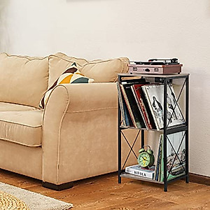 YBING Record Player Stand 3-Tier Turntable Stand with Record Storage End Table with Charging Station Vinyl Record Storage Stand with Divider Nightstand for Living Room Bedroom Office, Oak