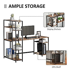HOMCOM 67 Inch Home Office Computer Desk with Display Bookshelf, Industrial Writing Table with CPU Stand and Steel Frame, Black/Walnut