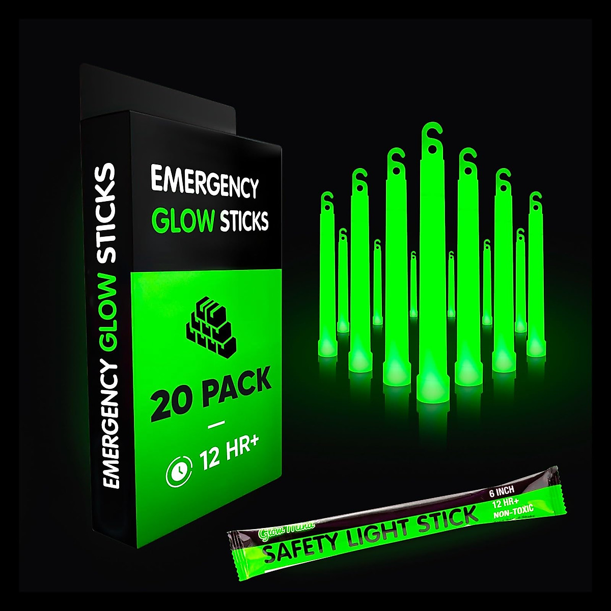 20 Ultra Bright Emergency Glow Sticks - Individually Wrapped Long Lasting Industrial Grade Glowsticks for Survival Gear, Camping Lights, Power Outages and Military Use (Green)