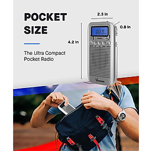 Vondior Digital AM FM Portable Pocket Radio with Alarm Clock- Best Reception and Longest Lasting. AM FM Compact Radio Player Operated by 2 AAA Battery, Stereo Headphone Socket (Silver)