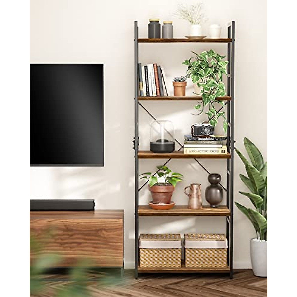 Pipishell Bookshelf, 6-Tier Bookcase with Storage Drawer, Tall Bookshelf Storage Rack with Metal Frame & Wood Grain Finish, Industrial Bookshelf for Living Room, Bedroom, and Home Office, PIBS02WN