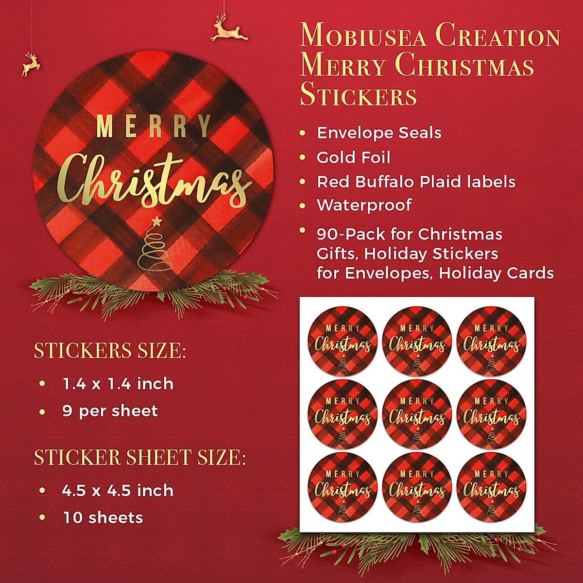 Mobiusea Creation Merry Christmas Stickers | Envelope Seals | 1.4 inch | Gold Foil | Red Buffalo Plaid Labels| Waterproof | 90-Pack for Christmas Gifts, Holiday Stickers for Envelopes, Holiday Cards