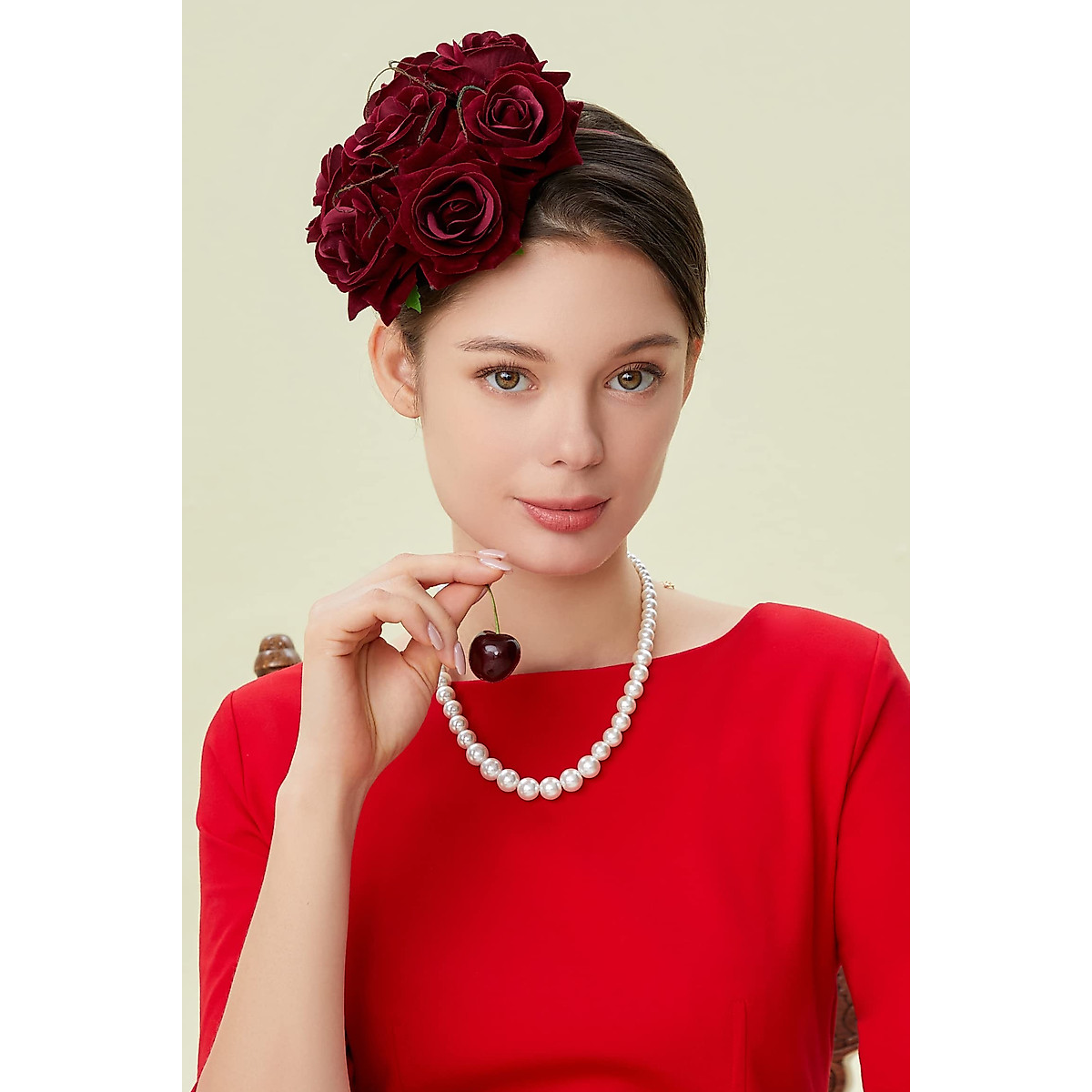 BABEYOND Floral Fascinators for Women Feather Fascinators Headband for Cocktail Tea Party (WineRed)