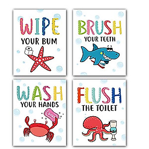 Funny Colorful Cartoon Sea Life Themed Bathroom Inspirational Quotes Art Print Humorous Quotes Painting, Toilet Rules Art Picture for Children Washroom Bathroom Decor, Set of 4 (8”X10”), No Frame