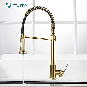 FVITA Brushed Gold Kitchen Faucet with Pull Down Sprayer,Lead-Free SUS 304 Stainless Steel kitchen sink faucet Single Handle Spring Faucet High Arc faucet for kitchen sink Bar Rv Farmhouse
