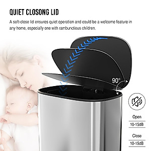 Fulocseny Oval Pedal Trash Can, 13 Gallon/50L, Soft-Close Silent Lid and 30 Garbage Bags, Stainless Steel Thickened Body Garbage Can for Kitchen, Commercial, Office, Living Room - Silver