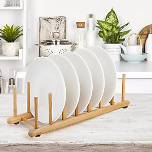 Dicunoy 3 Pack Wooden Plate Holder, Bamboo Wood Peg Dish Racks, Pot Lid Holder Organizer Drying Rack for Kitchen Cabinets, Bowls, Coasters, Cups, Cutting Board, Food Container Lids