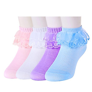sockfun Girls Ruffle Socks for Kids - Frilly Lace Socks for Girls Baby Toddler Child, White Dress Socks for Girls Blue 4-6 Years