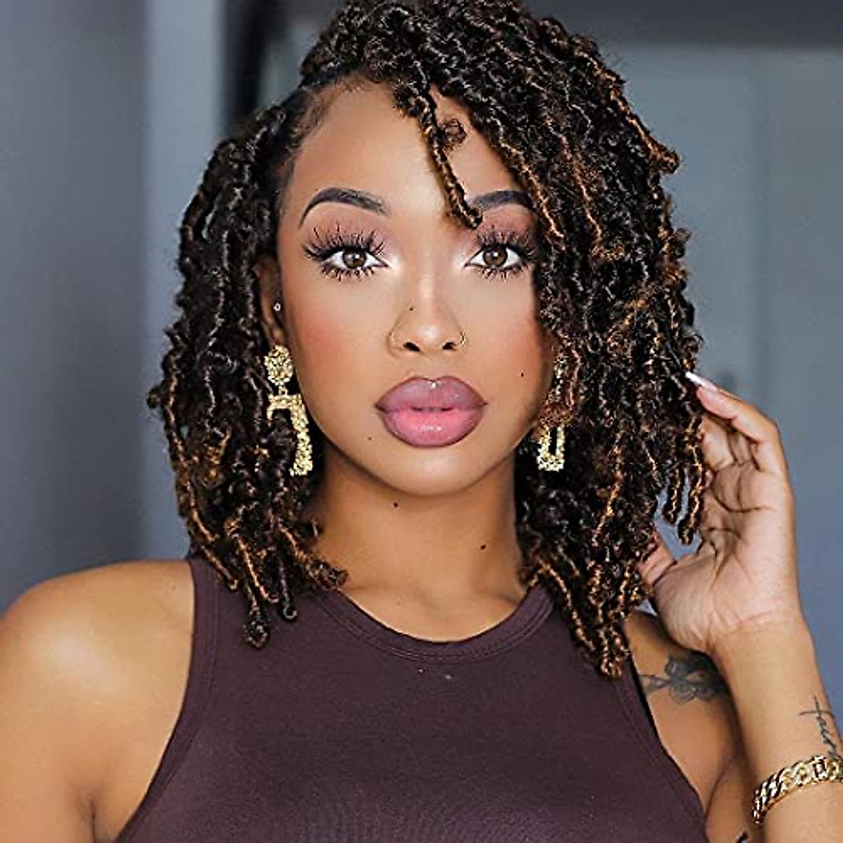 6 Packs Butterfly Locs Crochet Hair 10 Inch Pre-looped Bob Distressed Locs Soft Faux Locs Crochet Braids Butterfly Loc Twist Braiding Hair Synthetic Hair Extensions for Women(12Strands/Pack;T30#)