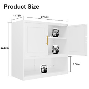 KAIFAM Wall Mounted Bathroom Storage Cabinet with Doors and Shelves, Wall Hanging Metal Cabinet with Open Storage for Kitchen, Bathroom, Over The Toilet, (White)