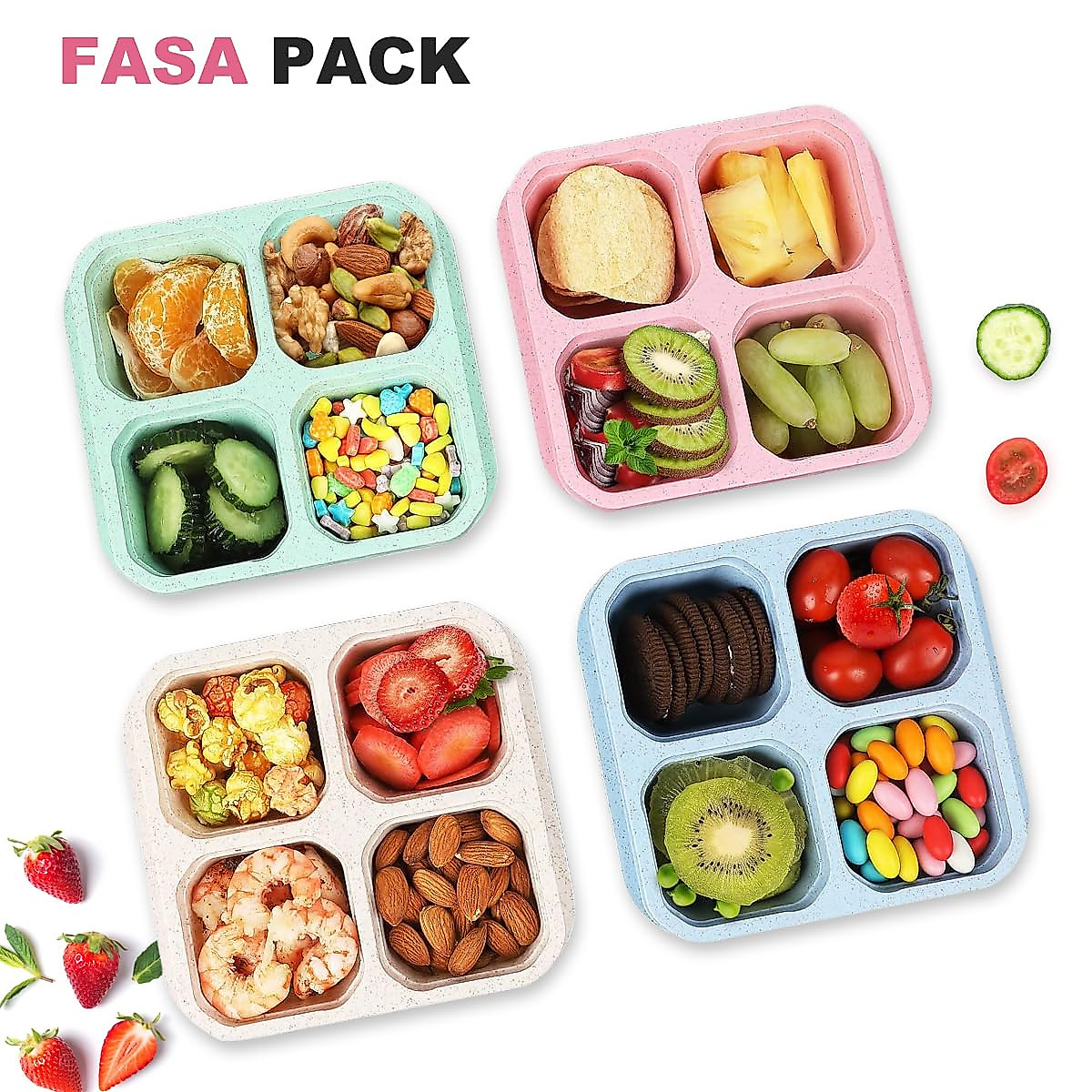Waritili 4 Pack Snack Containers - Stackable Bento Boxes with 4 Compartments, Reusable Divided Food Containers for Party, Work, Travel, BPA FREE