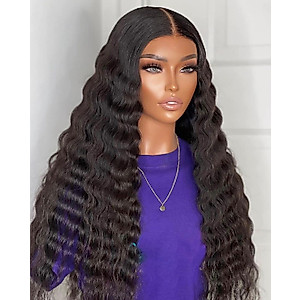 28 Inch Long Curly Synthetic Hair Wigs for Women Black Lace Front Wig Synthetic Curly Wigs Deep Wave Wig with 4" Simulated Scalp Natural Crimps Curls Hair Replacement Wigs for Daily Party Use 1B#