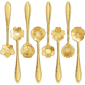 Maitys 16 Pieces Stainless Steel Flower Coffee Spoon Dessert Spoon Sugar Spoon Ice Cream Spoon Stirring Spoon Tea Spoon Milkshake Spoon Set for Tableware Kitchen, Cafe or Bar (Gold)