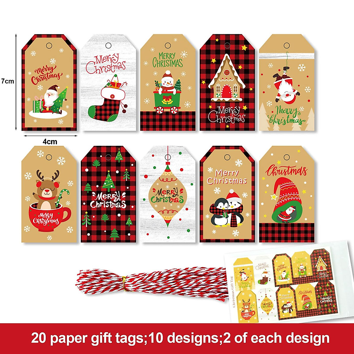 RYMILIE 20 Kraft Christmas Gift Paper Bags Bulk with handles and 20 Count Christmas Gift Tags set for Wrapping Xmas Holiday Presents(8 Small,8 Medium,4 Large)